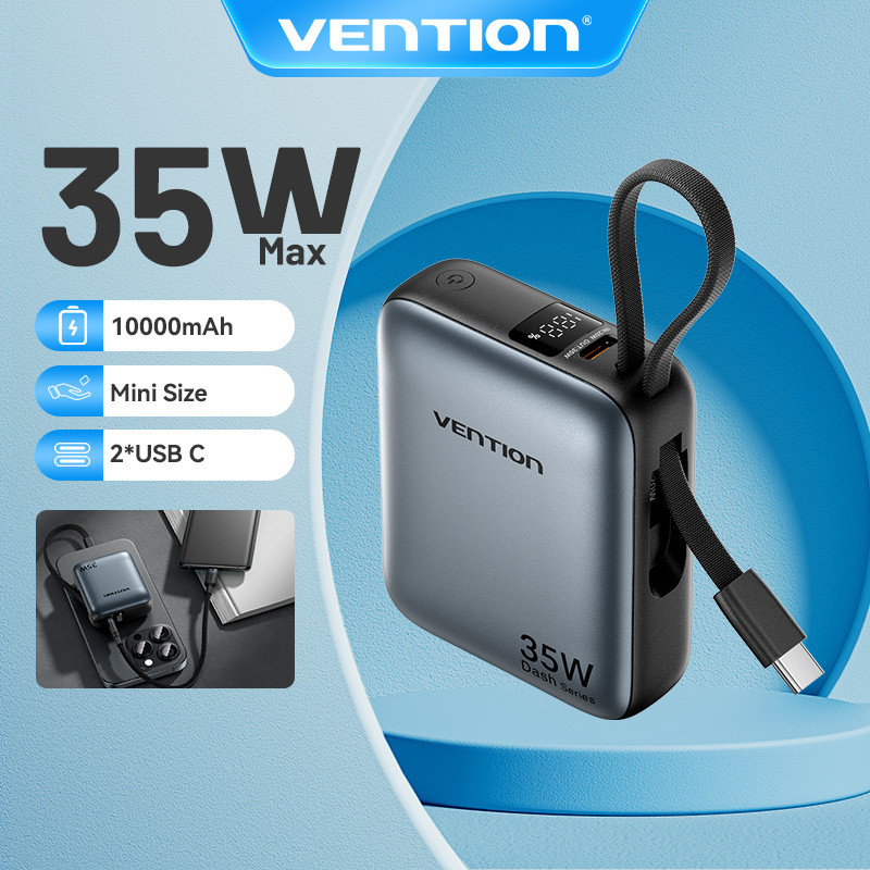 Vention 35w Super mini PowerBank 10000mAh Built In Cable PD Super Fast Charging Digital Display ...