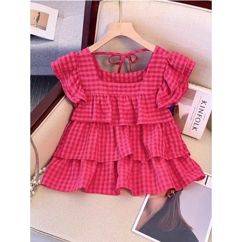 Red Plaid Halter Baby Shirt Sling Fungus Edge Women Short Style Summer ...