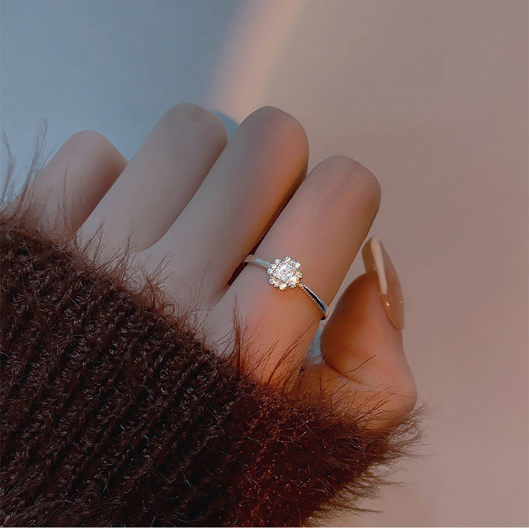 925 Silver Cube Sugar Inlaid Zirconium Ring Female Light Luxury Niche ...