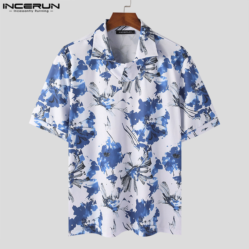 INCERUN Men's Floral Short Sleeve Collar Top POLO Shirts | Shopee ...