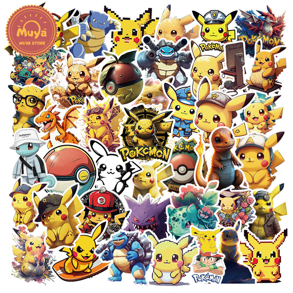 MUYA 50pcs Pikachu Stickers Pack Waterproof Pokemon Cartoon Vinyl ...