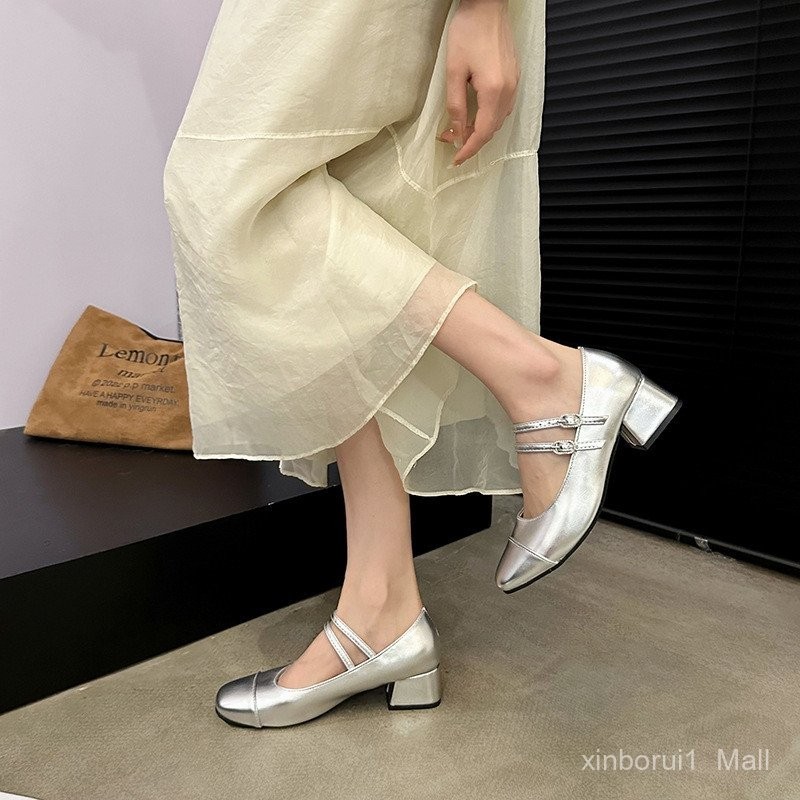 Silver Mary Jane Shoes2024New Low-Cut Shoes Female Square Toe Low Heels ...
