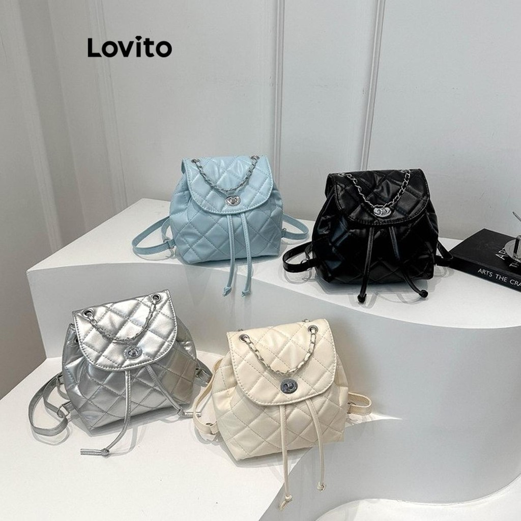 Lovito Women Preppy Plain Padded Drawstring Chain Backpack LFA43271 ...