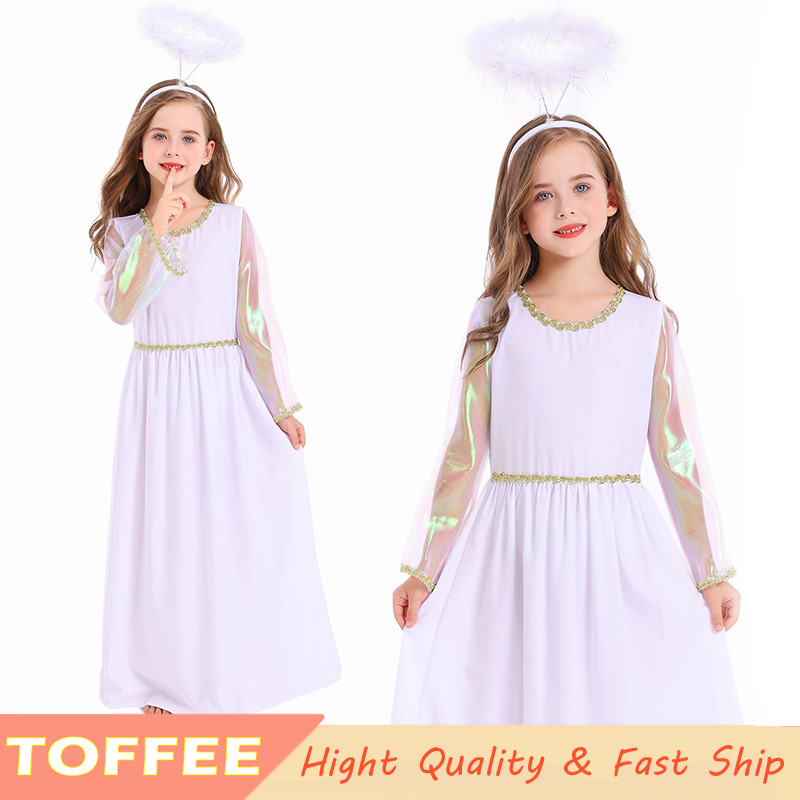 Angel Elf Greece Goddess White Dress For Kids Girl Fairy Tail Halloween ...