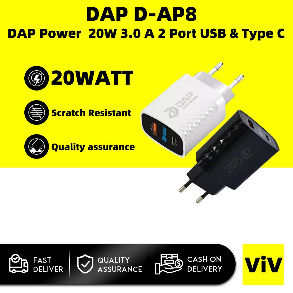 Dap D-AP8 charger Power Delivery 20W 3.0 A 2 USB Port & Type C Fast ...