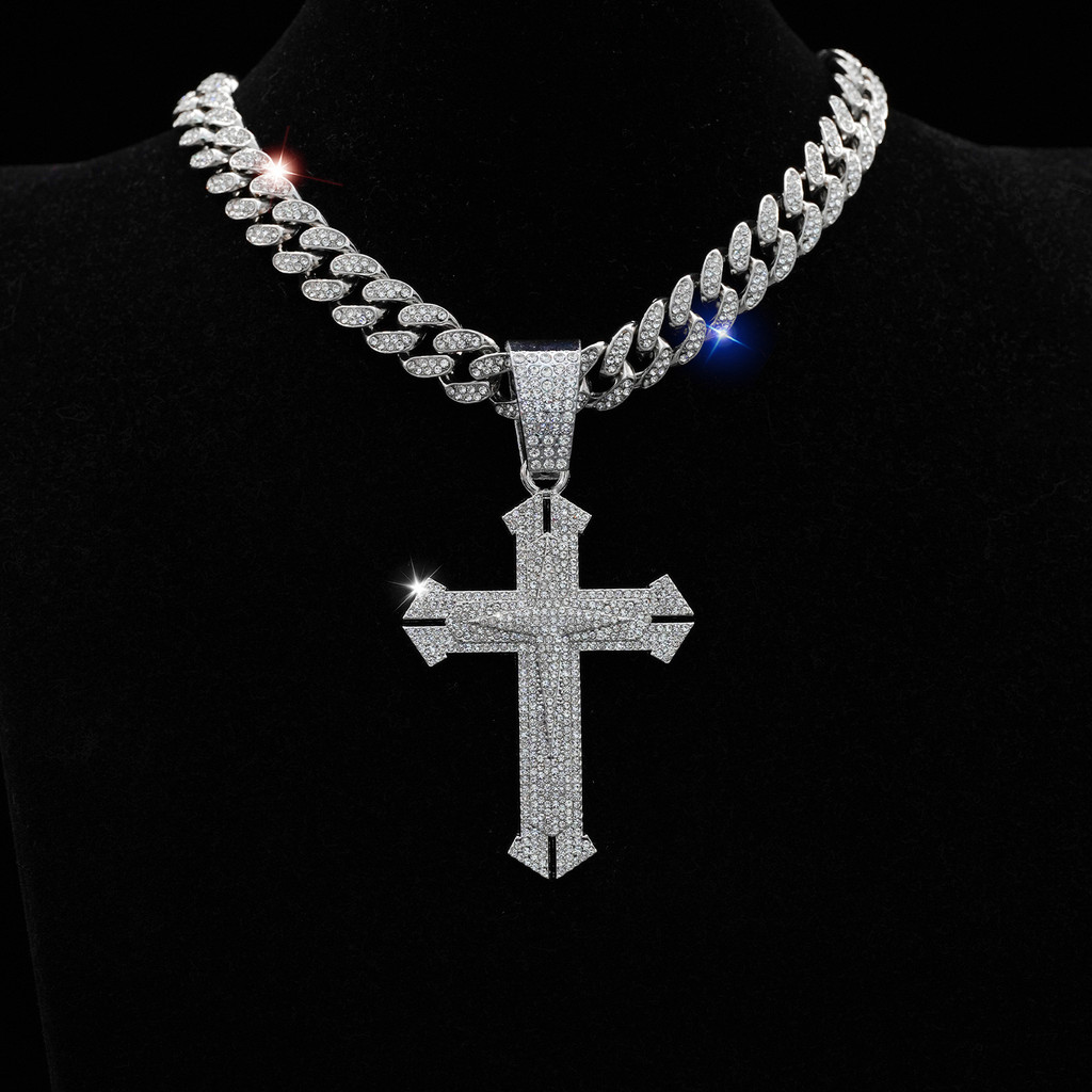 Fashion Hip Hop Iced Out Diamond Cross Pendant Necklace with Cuba Chain ...