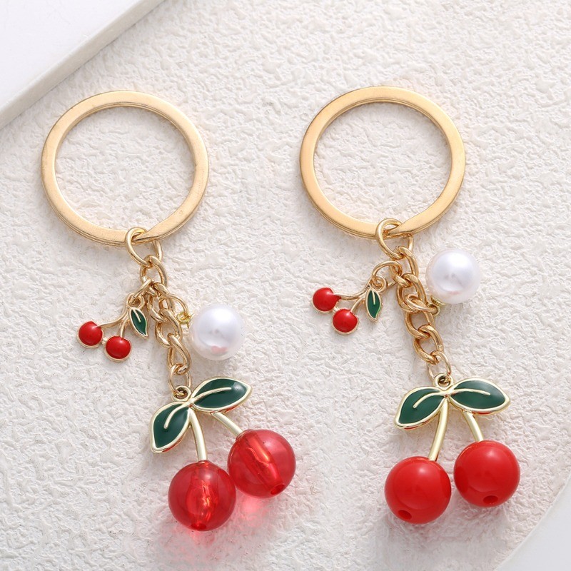 1pcs Funky Red Cherry Keychain Faux Pearl Green Leaf Keyring Women Men ...