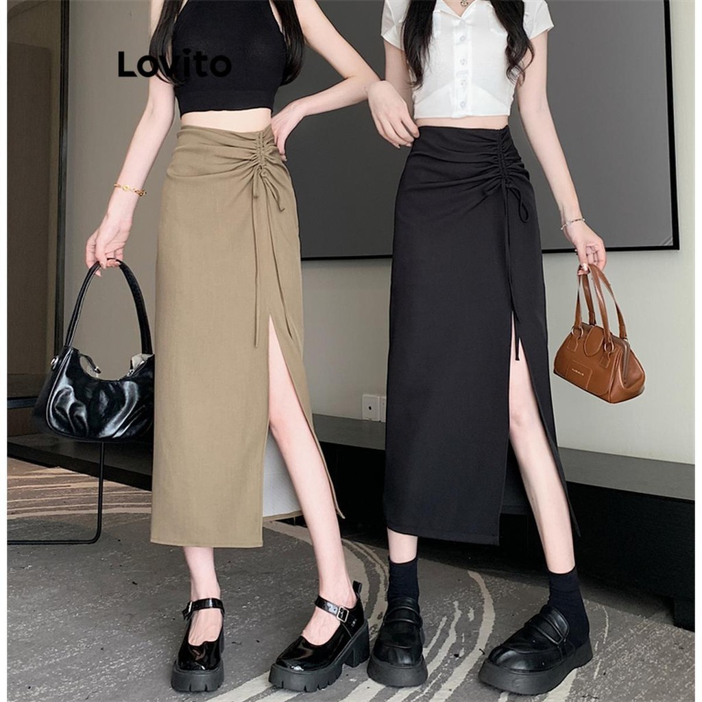 Lovito Women Elegant Plain Split Drawstring Skirts LNE64233 | Shopee ...