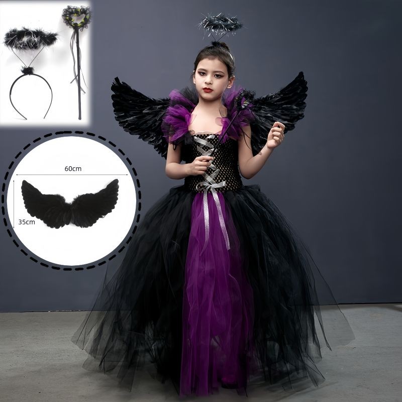Girl Halloween Dark Angel Demon Long Dress Cosplay Witch Show Costume ...