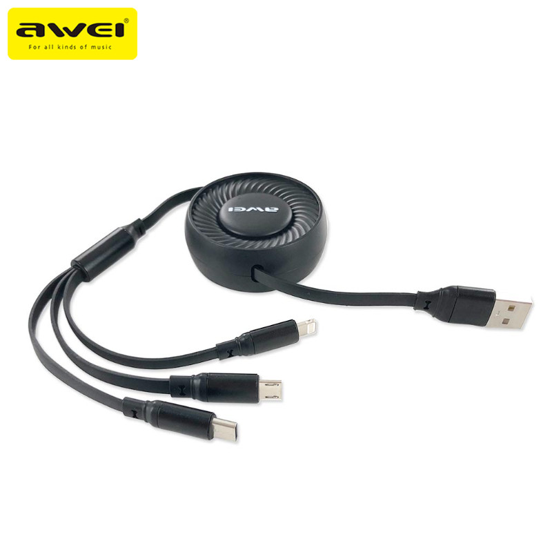Awei CL-136 1 meter 3-in-1 Fast Charge Charging Cable 2.4A Charger Cord ...