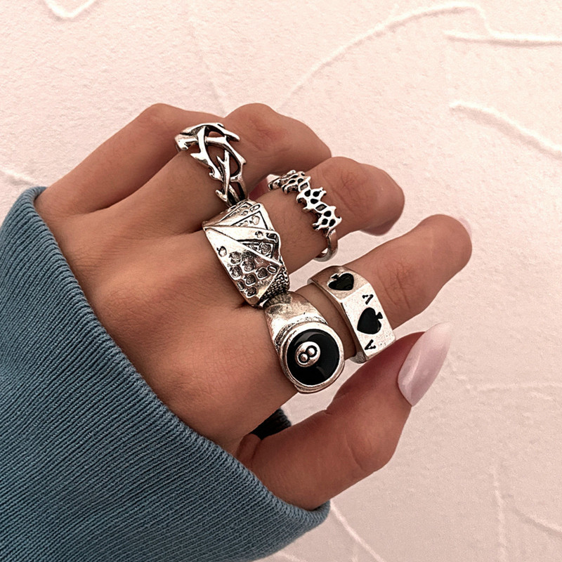 5Pcs/Set Punk Poker Billiards Rings Vintage Flame Rings Set Fashion ...