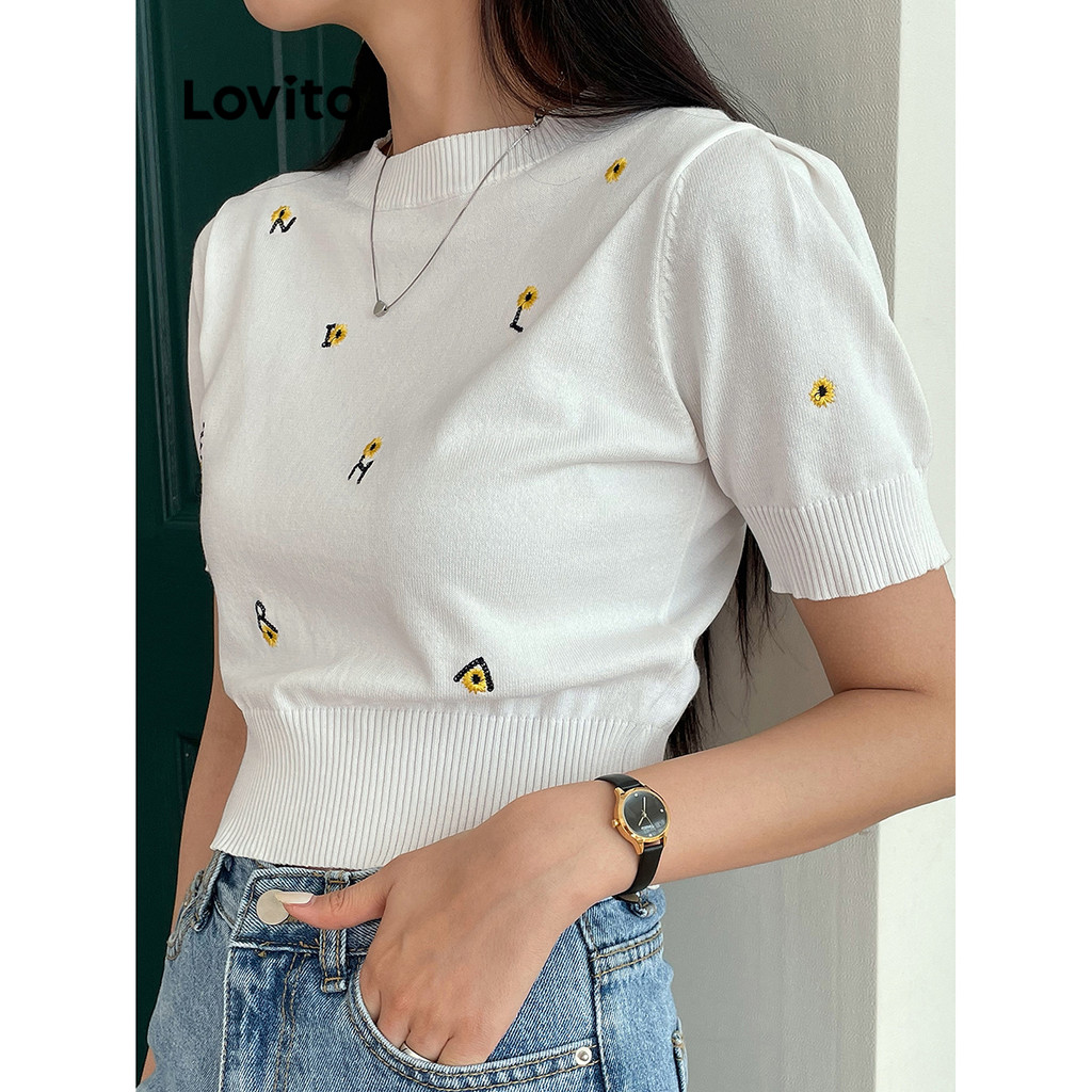Lovito Women Cute Ditsy Floral Embroidery Knit Top L106AD296 | Shopee ...