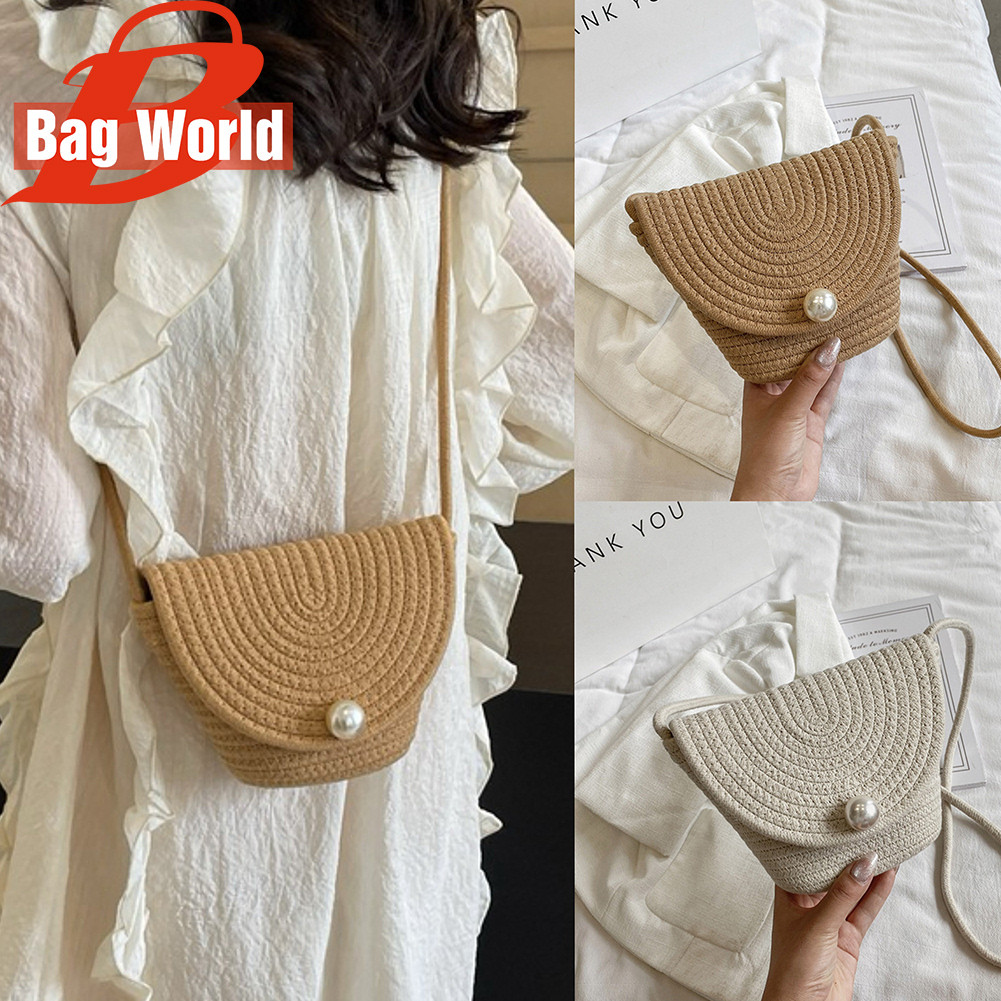 Vintage Rope Bucket Bag Casual Woven Diagonal Bag Sling Bag Pearl Beach ...