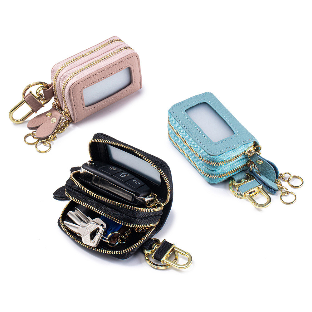 Leather Double Zipper Key Wallets Large Capacity Waist Hanging Storage ...