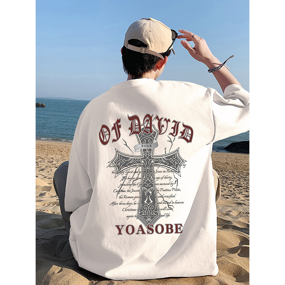 Heavy cotton T-shirt men's summer loose round neck short sleeve cross ...