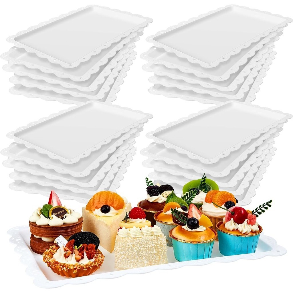 White Plastic Serving Tray with Lace Rim, Rectangle Food Trays ...
