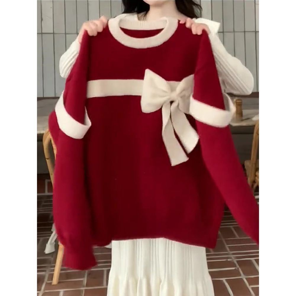 Red Christmas Sweater Bow Women Thickened Autumn Winter Sweater ...