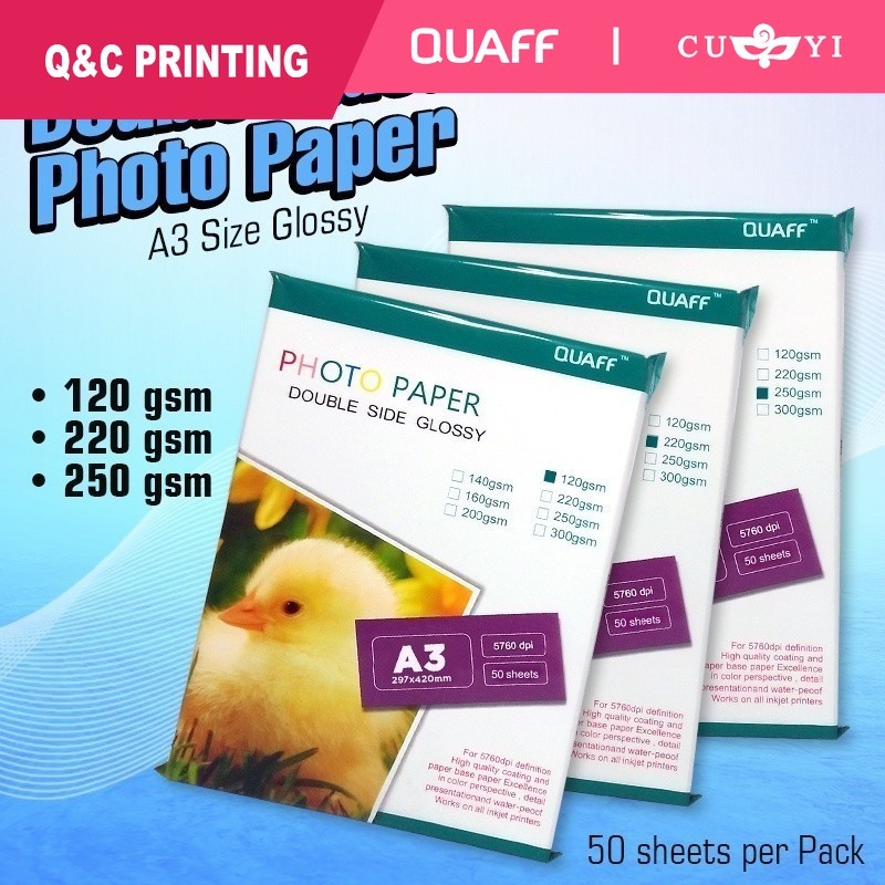 Quaff A3 Size Double Sided Glossy Photo Paper 120gsm 220gsm 250gsm 50 ...