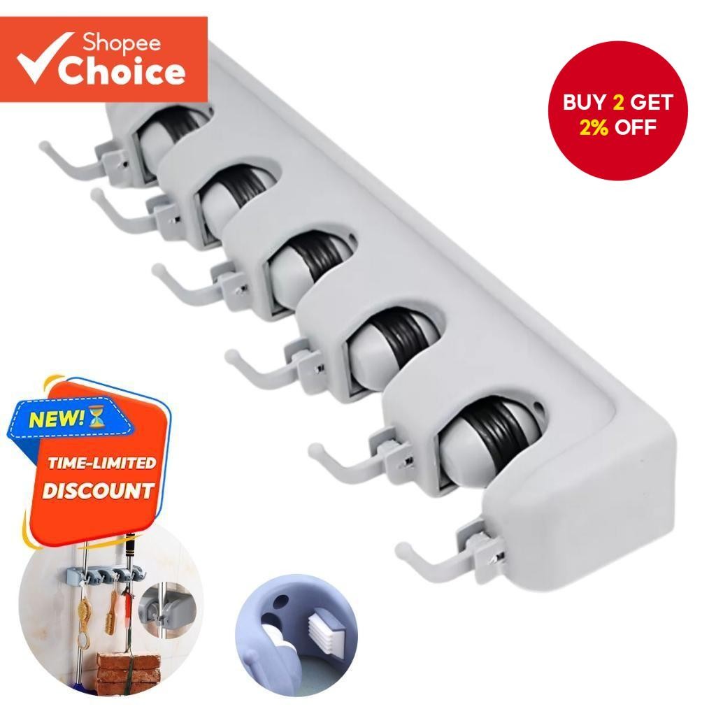 5-Position 6-Hook Mop Holder – Kitchen & Bathroom Mop Hanger Magic ...