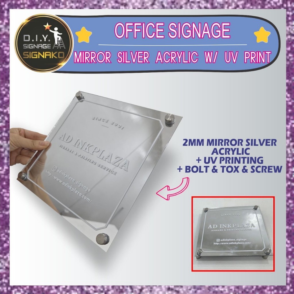 Office Signage #3) Mirror Silver Acrylic w/ UV Direct Print & Bolt ...