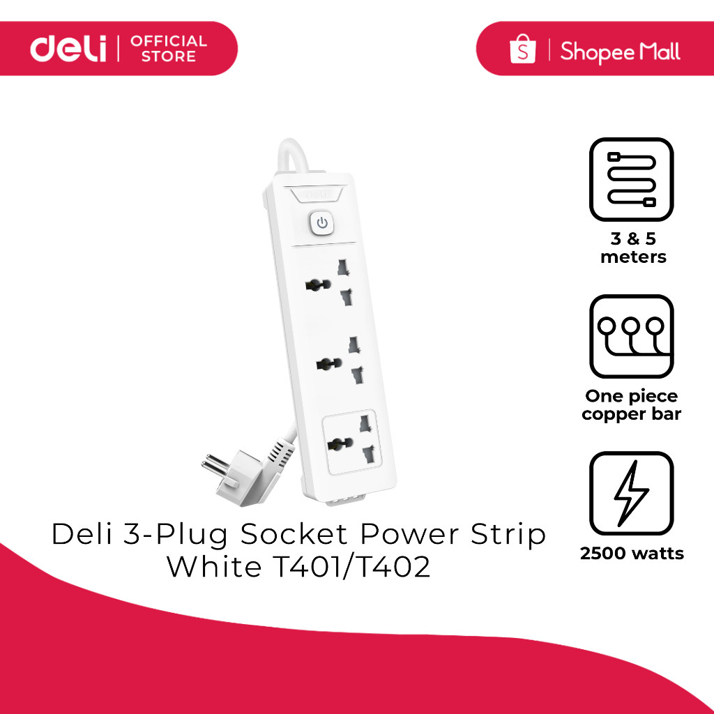 Deli T401/T402 3- Plug Socket Power Strip White | Shopee Philippines