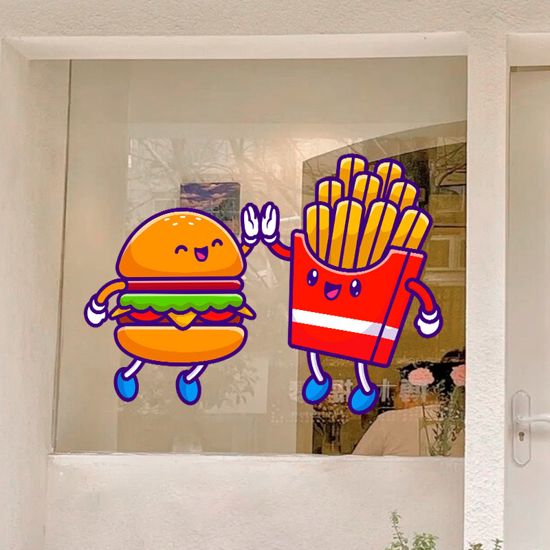 Burger French Fries Cartoon Stickers Burger Shop Fast Food Shop Glass ...