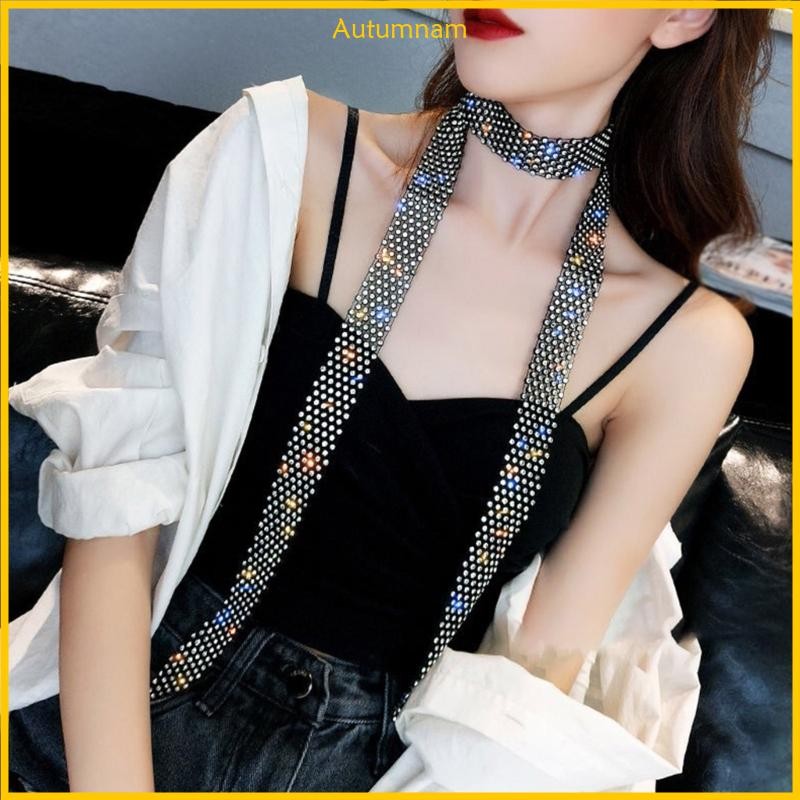 AUTU Bling Long Scarf Neckerchiefs Rhinestones Tie Choker Necklace for ...