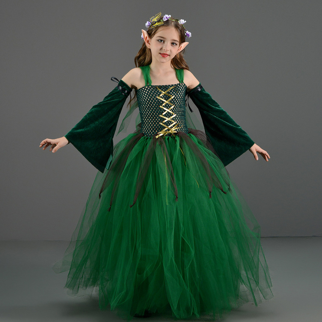 Halloween Girl Forest Elf cos Dress Dark Green Long Dress Fairy cos ...