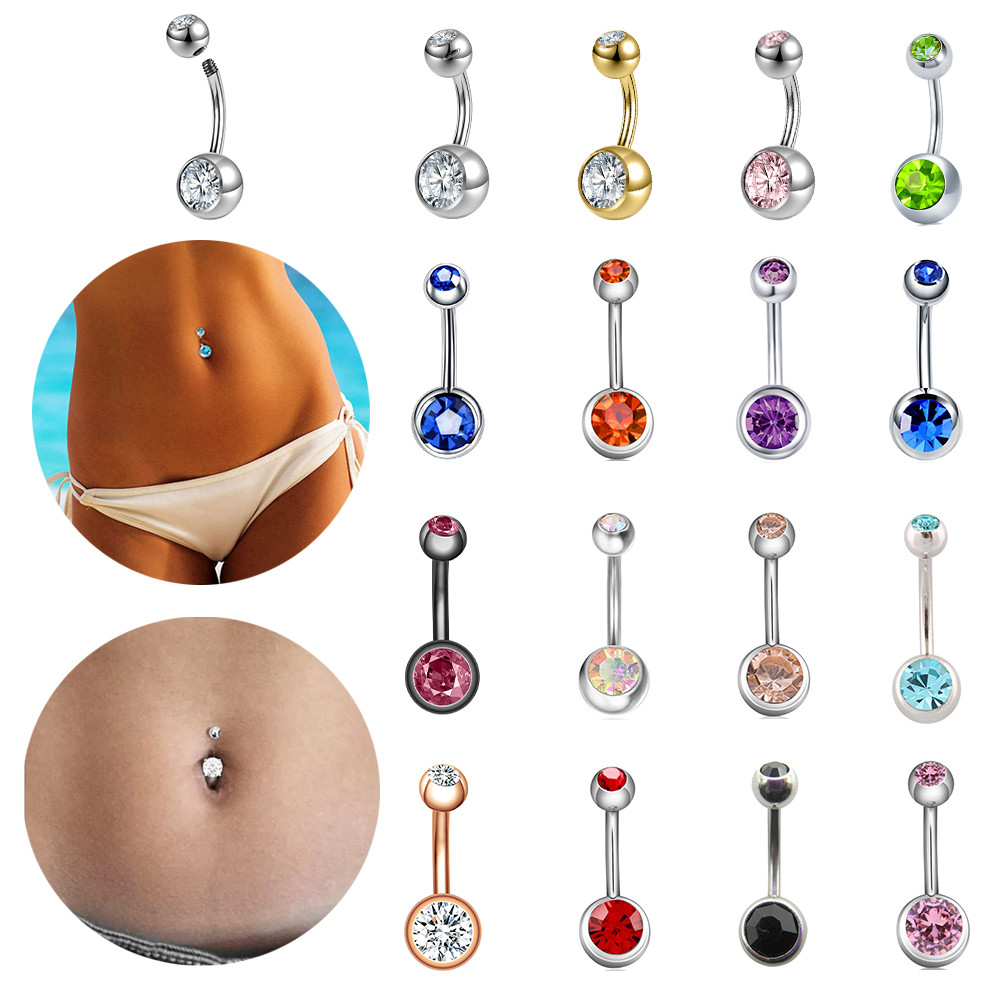 1 PC 14G Double Crystal Belly Button Rings Multicolor Belly Navel Piercings Stainless Steel ...
