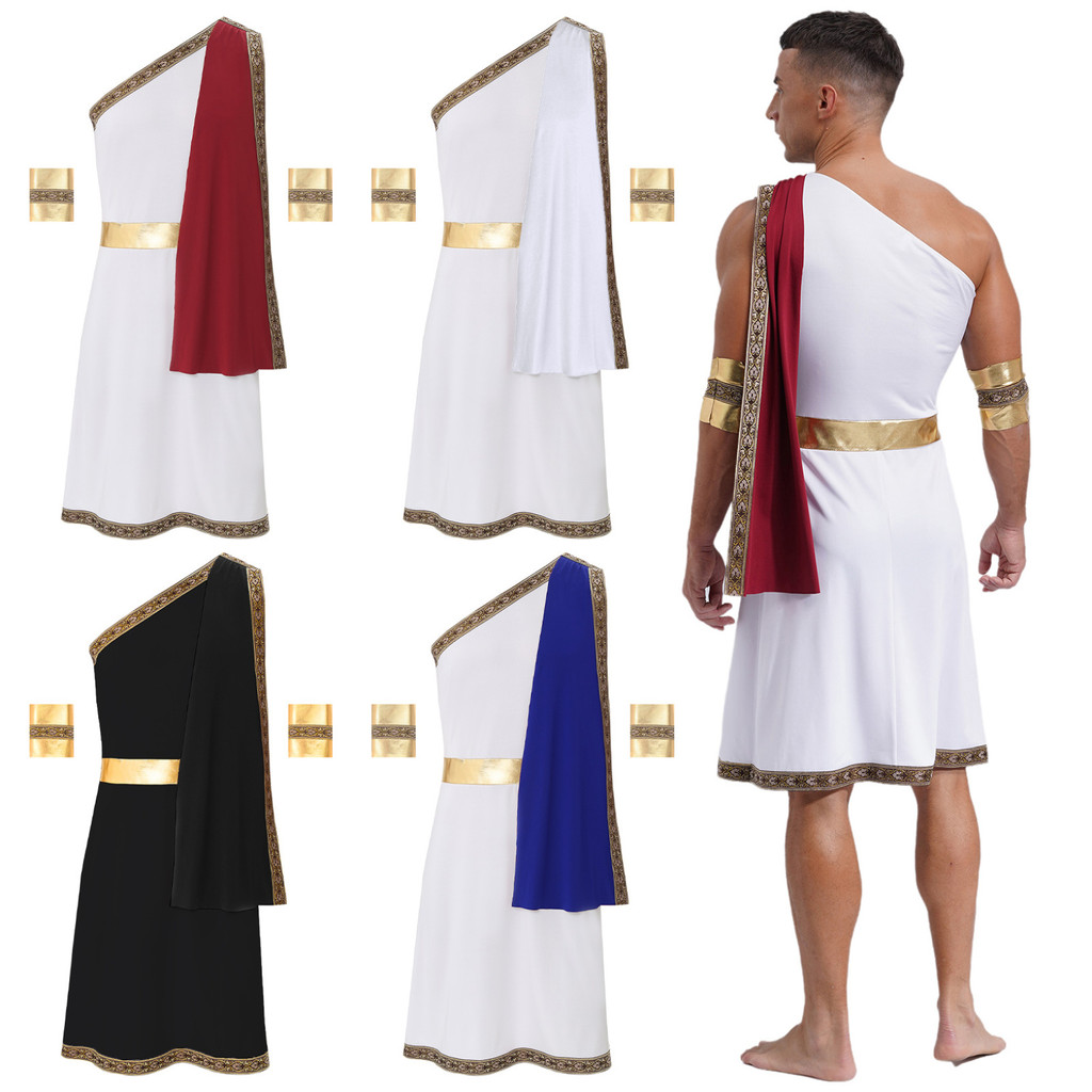 Wyl Mens Ancient Greek Toga Dress with Sleeves One Shoulder Embroidered ...