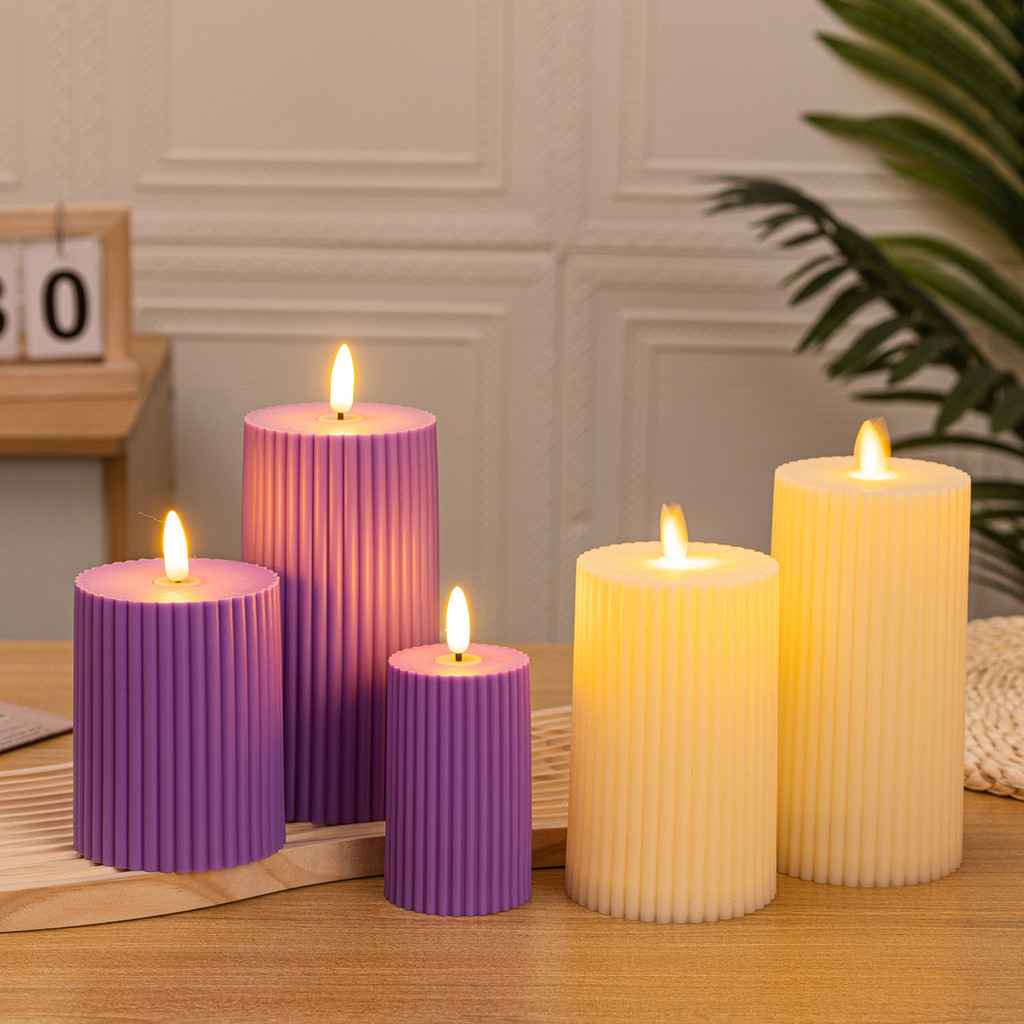 Purple Flameless Pillar Candles Real Wax Flickering Battery Operated ...