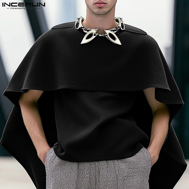 INCERUN Men Vintage Casual Solid Color Silhouette Layered Design Cloaks ...