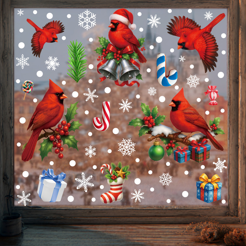 Christmas Red Bird Static Stickers For Glass Window Door Garland ...