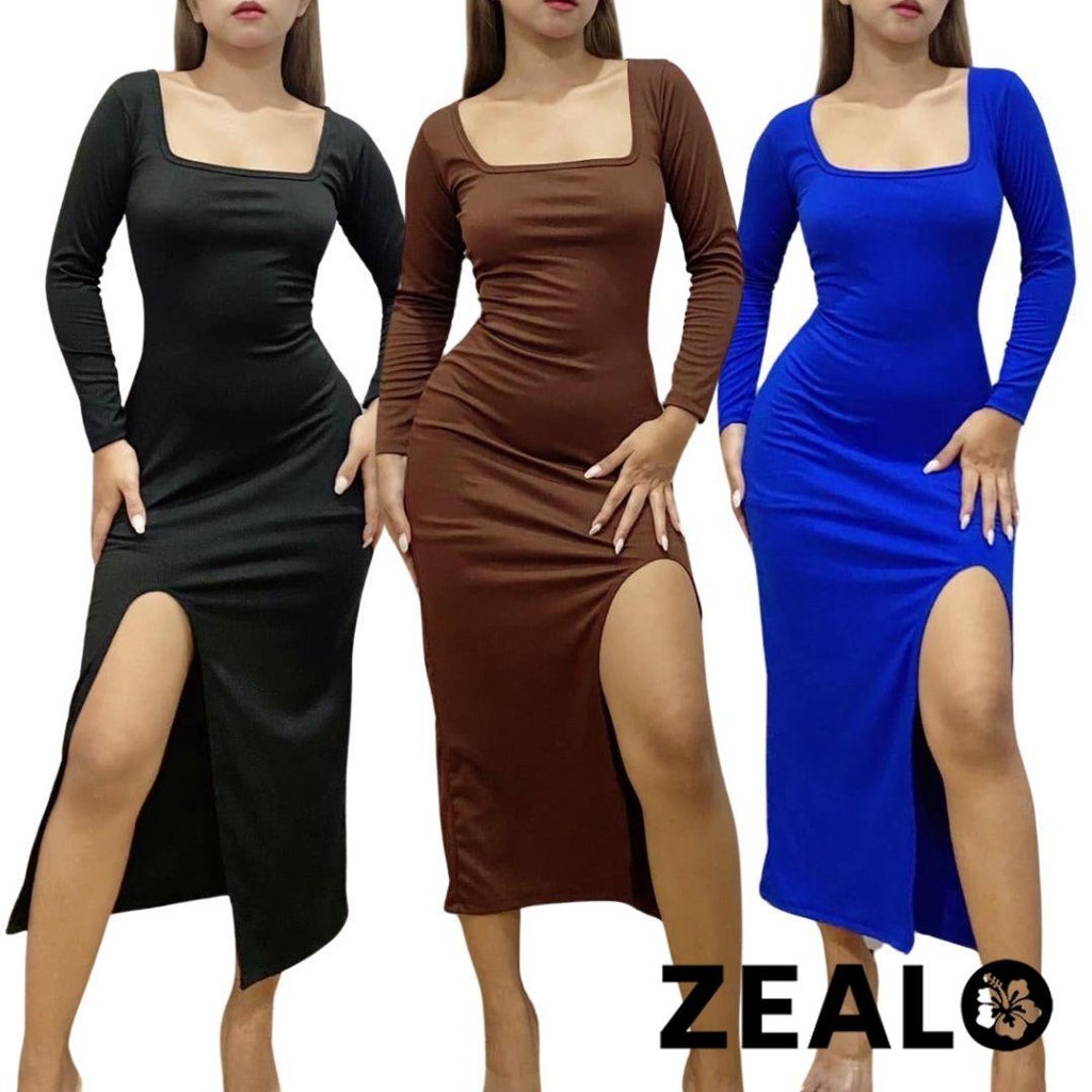 ZEALO Karla Square Neck Longsleeves Slit Midi Dress Bodycon Knit ...