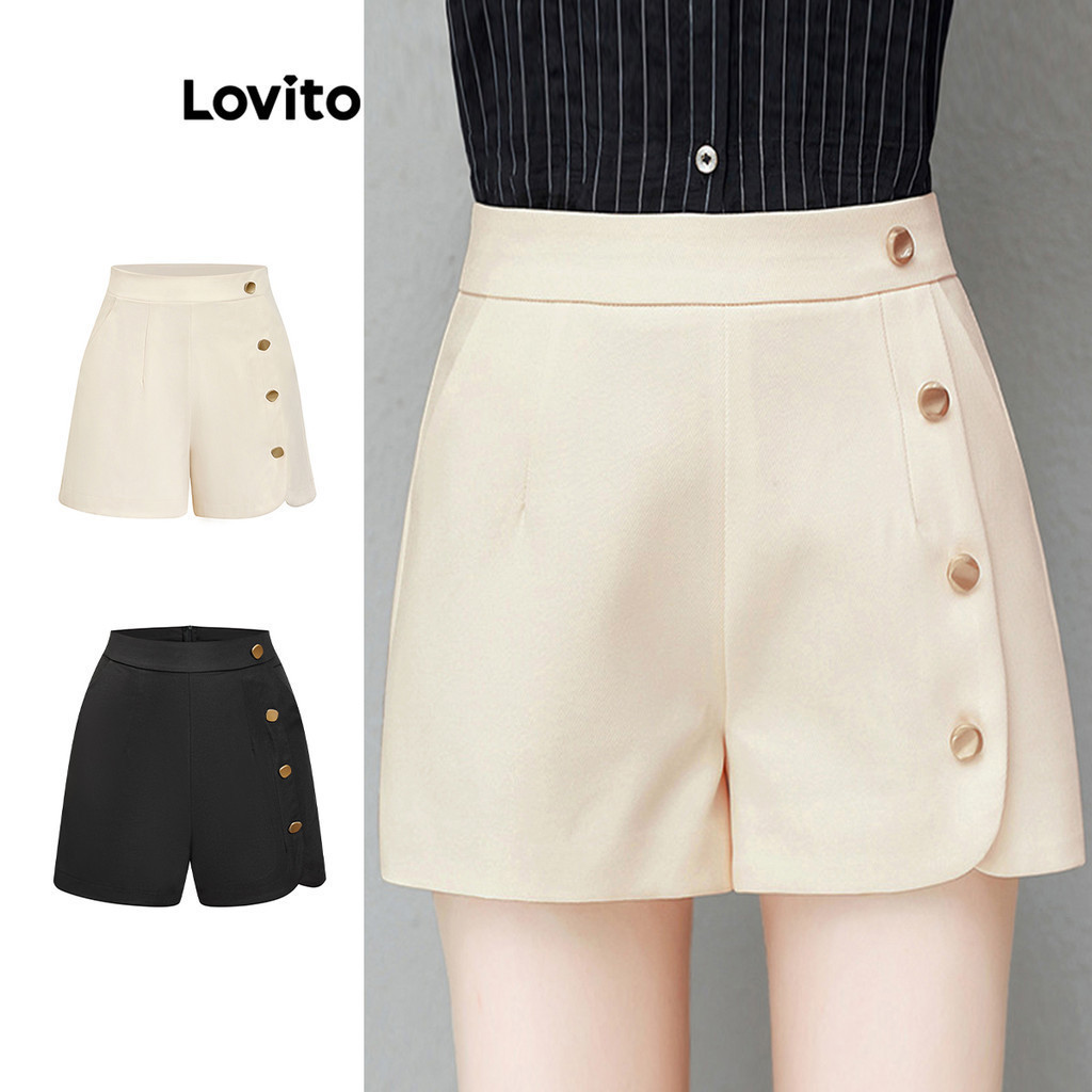 Lovito Women Casual Plain Asymmetrical Button Shorts L77ED085 | Shopee ...