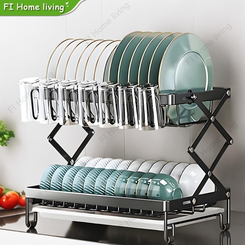 2-Tier Foldable Dish Rack Glass drain rack Kitchen Stainless Dish ...