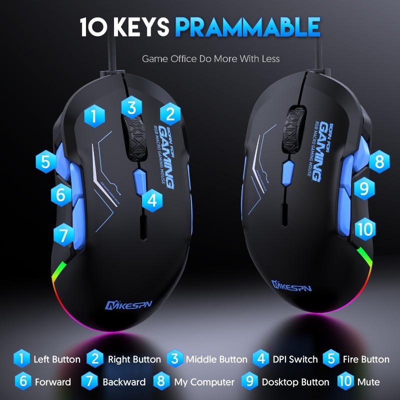 Symmetrical Wired Gaming Mouse with 12800 DPI and 10 Programmable RGB ...