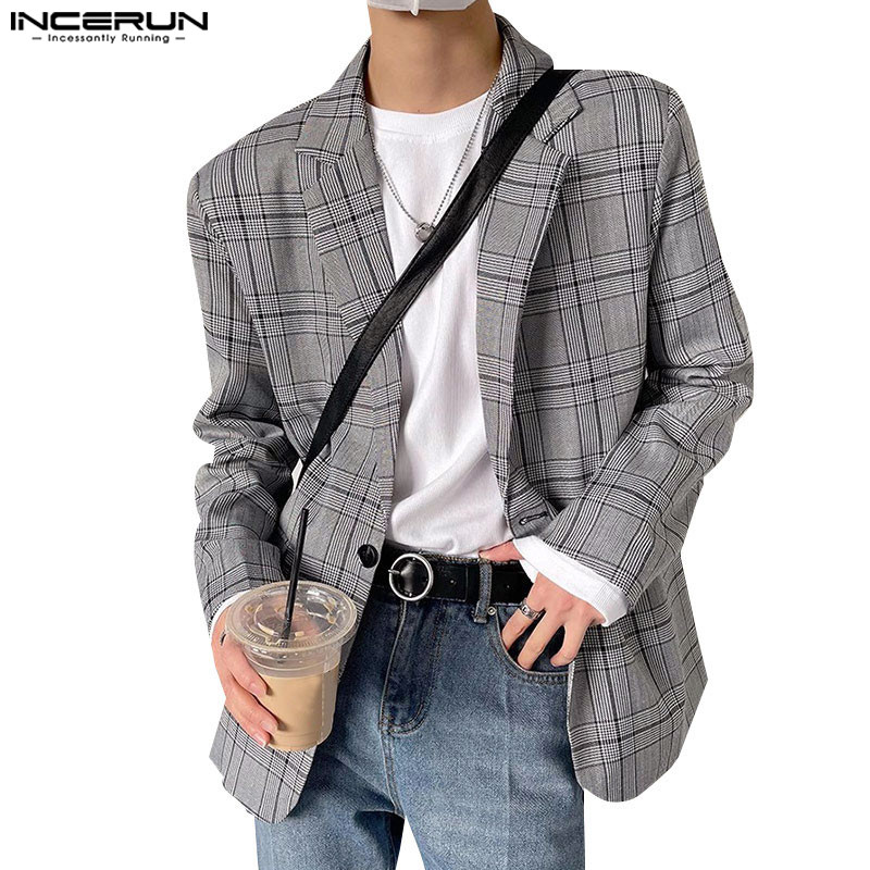 INCERUN Men Korean Plaid Long Sleeve Casual Turn-Down-Collar Blazer ...