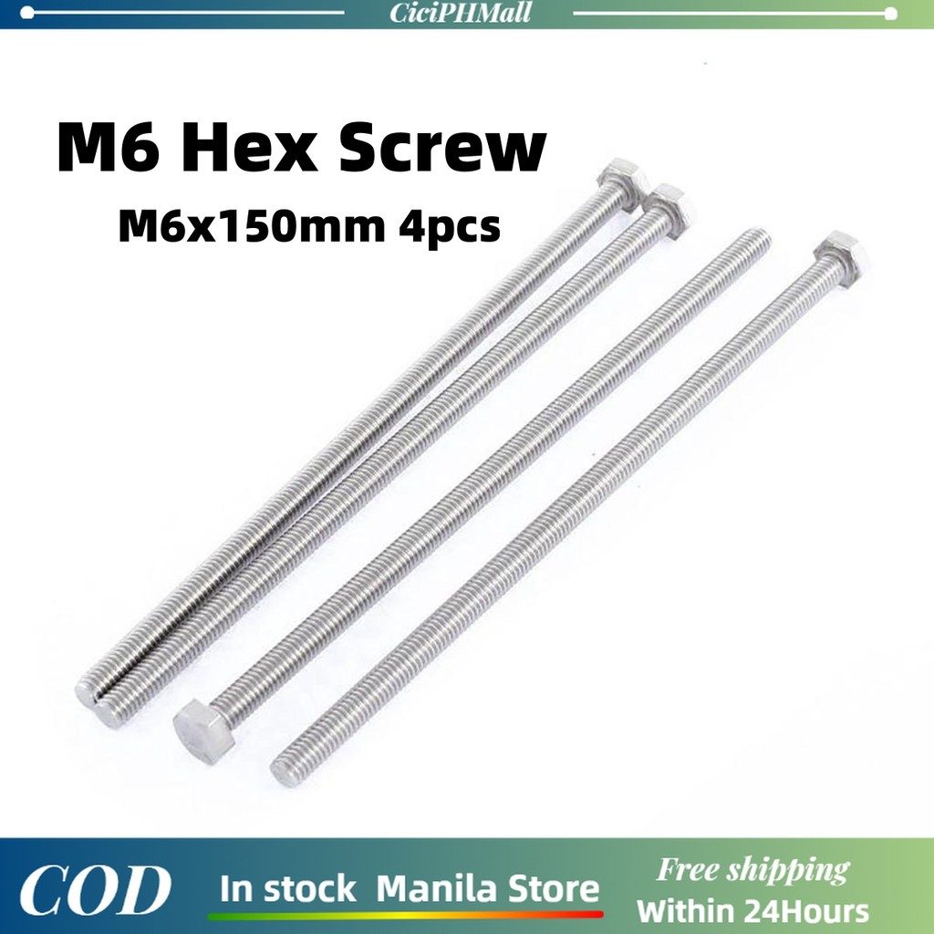 4pcs M6 150mm External Hexagon Screws Hexagon Bolts Full Thread ...