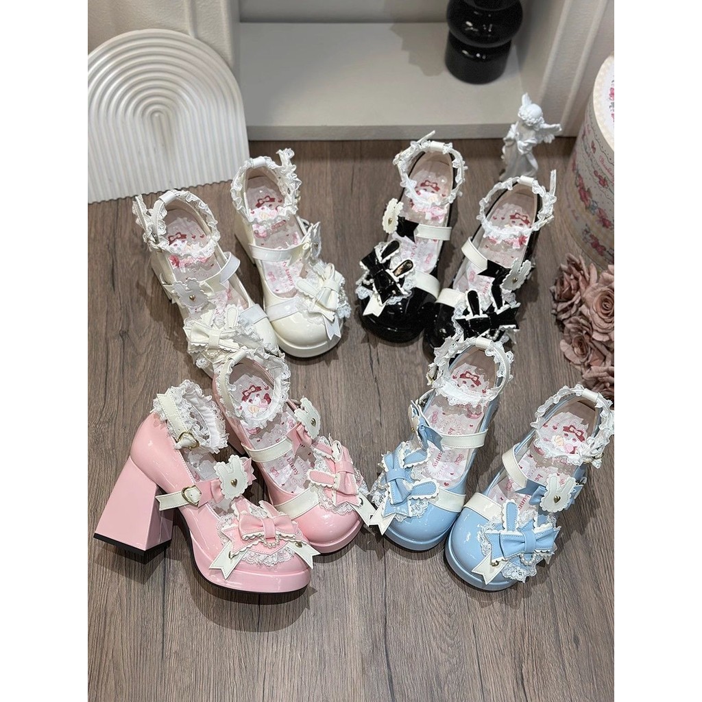 Cute round head princess shoes bow tie lace rabbit square heel ...