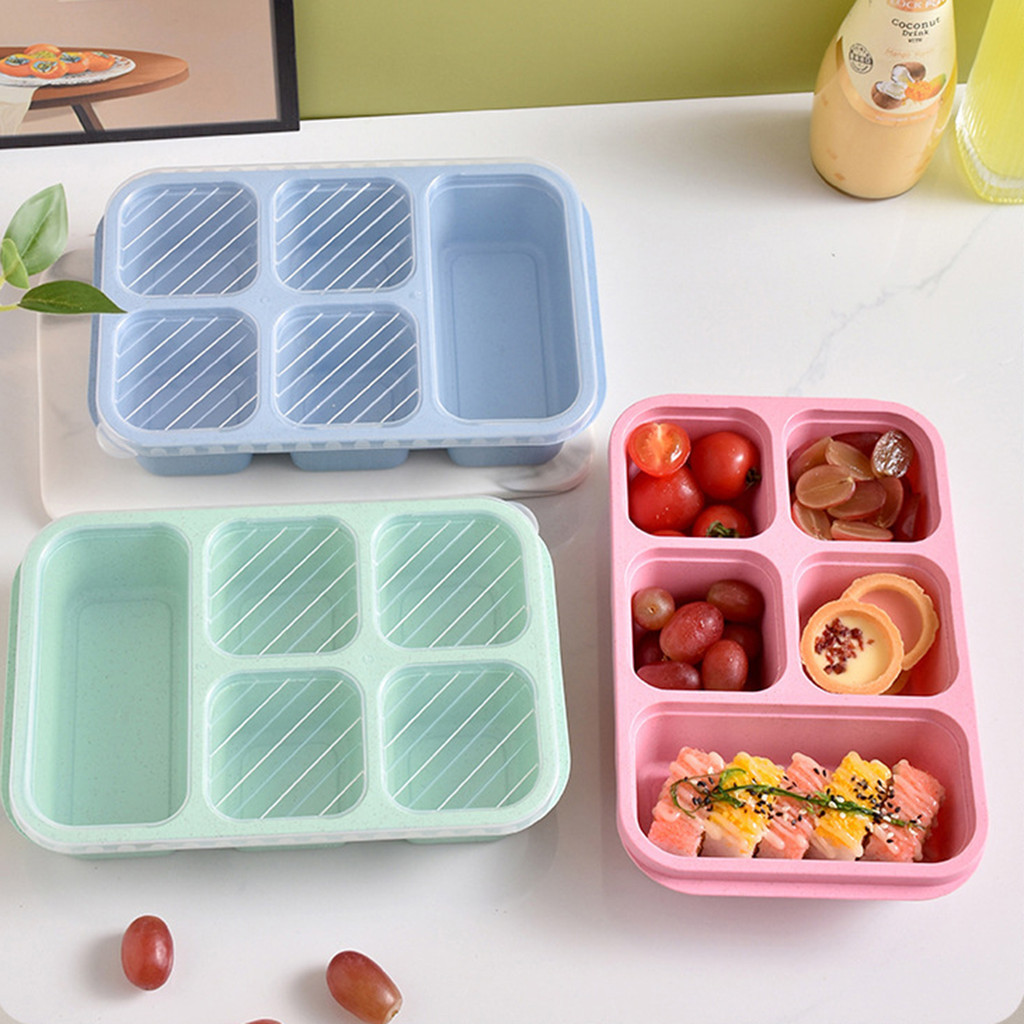 Reusable Bento Box, 5 Compartment Wheat Lunch Box, Bento Snack Box with ...