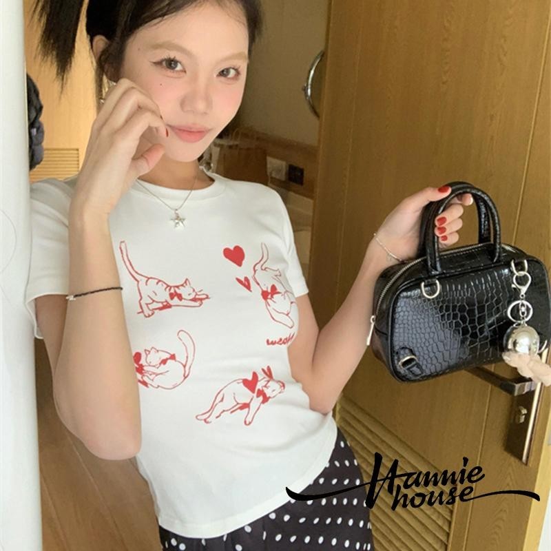 HANNIE House- Women Cat Heart Print Crew Neck Casual Summer Short ...
