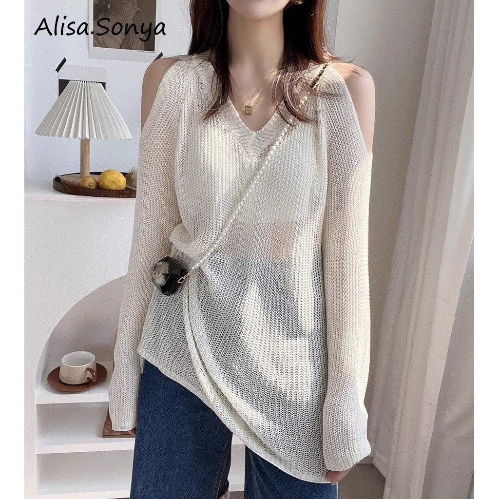 Alisa.Sonya Woman Causal Off Shoulder Sweaters Long Sleeve Waffle Knit ...