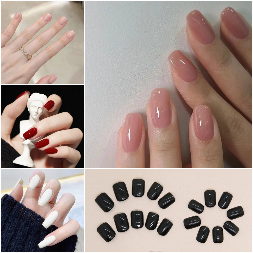 【Free Gift】24Pcs Short Pure Color Fake Nails Set with Jelly Glue Nail ...