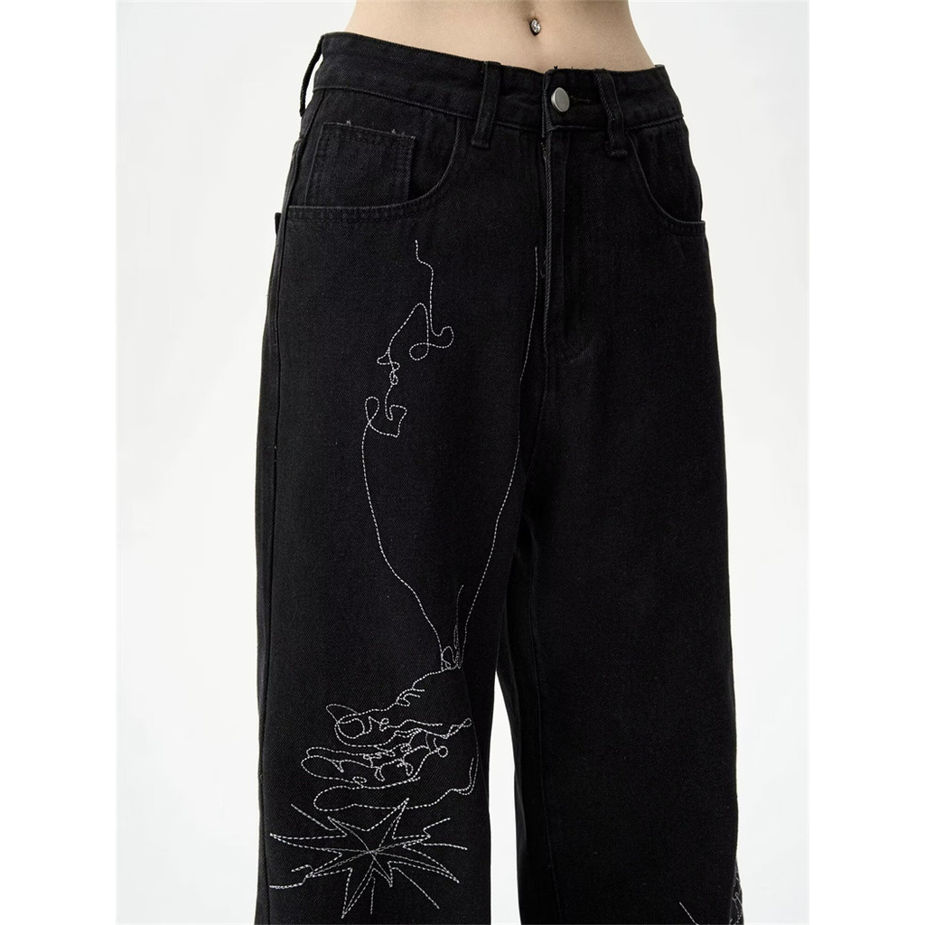 Black High Waist Straight Pants Vintage Embroidered Jeans Male and ...