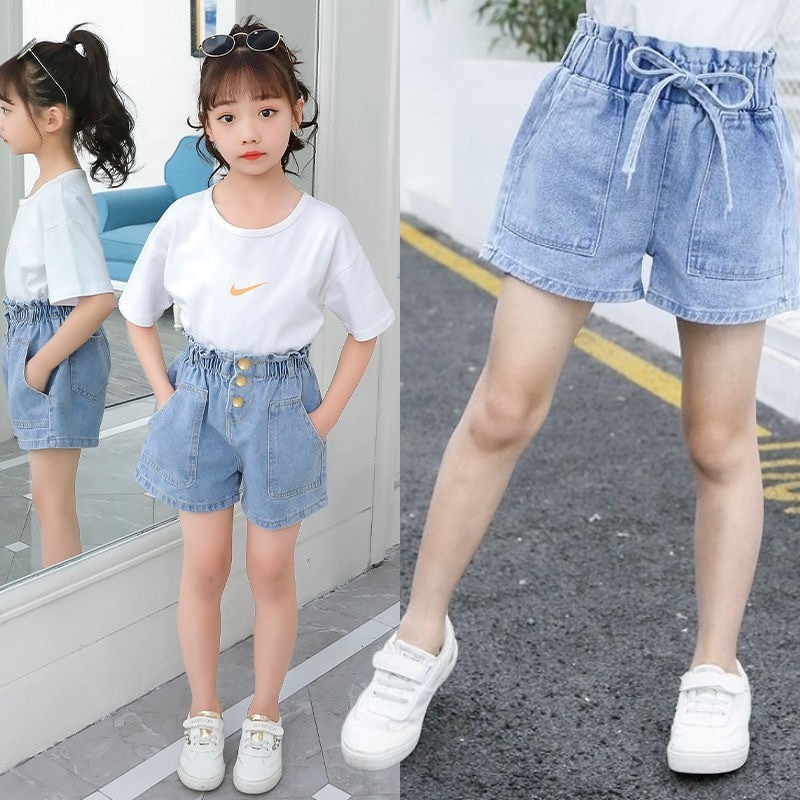 2-12Y Soft Denim Short for Girls New Lace Ribbon Button Design ...