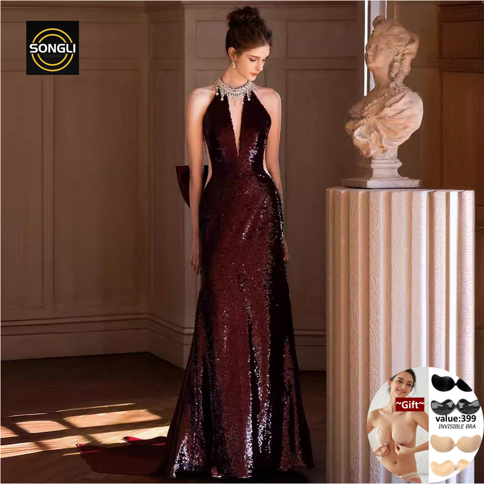 Wine red sequined fish tail evening gown banquet hanging neck style ...