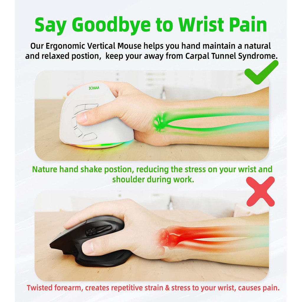 Jomaa 2.4G Dual Modes Ergonomic Vertical Wireless Mouse 4000 DPI 9 ...