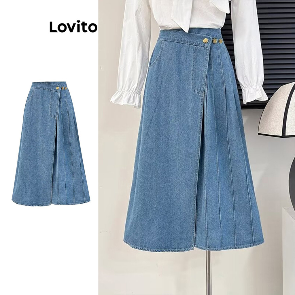 Lovito Women Casual Plain Asymmetrical Pleated Denim Skirts Lne75375