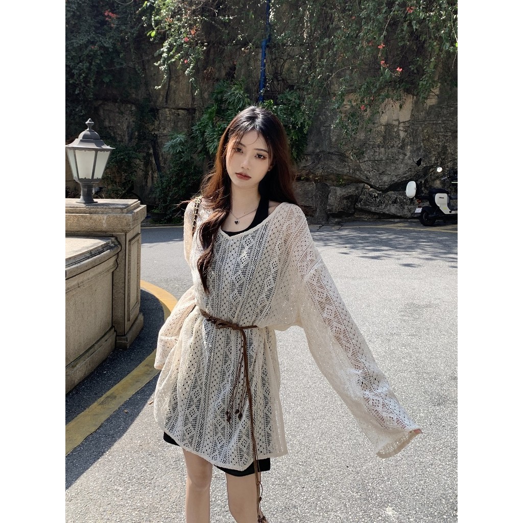 Hollow V-Neck Long-Sleeved Fishnet Blouse Halterneck Sling Dress Women ...